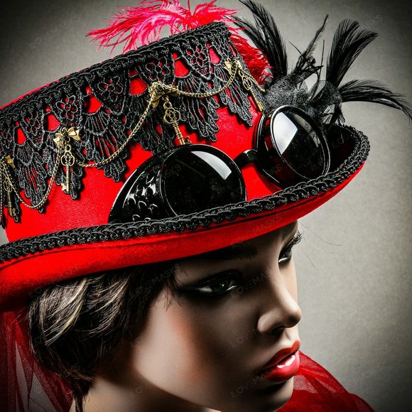 ILOVEMASKS | Accessories | Red Gothic Goggle Women Elegant Party Hat ...
